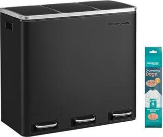 Songmics Poubelle Cuisine, 3 x 18L, Poubelle de Tri, 3 Compartiments, Déchets, Compost, Couvercles à Fermeture en Douceur, Pédales, Seaux Intérieurs, Acier, No