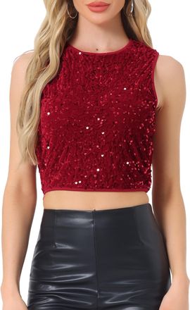 Allegra K Damen Pailletten Tops U-Ausschnitt &Auml;rmellos Glitzernd Glitzer Club Party Ausgehen Weste Tanktop Rot XL