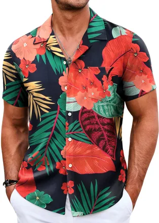 Coofandy Hawaii Hemd Männer Sommerhemd Herren Kurzarm Blumen Shirt Urlaub Party Strand Hemd Bügelfrei Kurzarmhemd mit Brusttasche Navyblau Blume Blatt 3XL