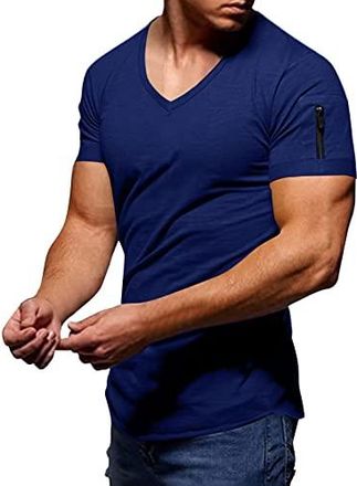 Generic T-shirt dentraînement à manches courtes et col en V pour homme - Coupe athlétique - Léger et confortable - Avec poche zippée, noir foncé, XXL