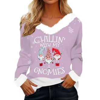 Generic Chemises pour femmes - Chemises de Noël à manches longues pour femme - Automne et hiver - Col en peluche - Imprimé de Noël - Ample - Décontracté - T-s