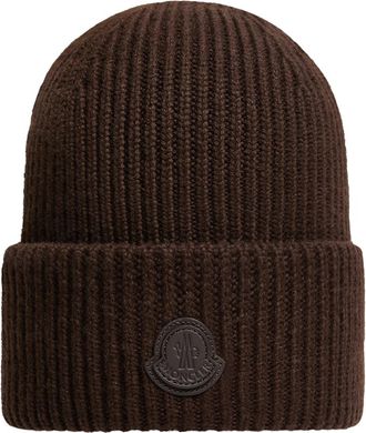 Moncler Moncler Leather Logo Cashmere Beanie, Men, Brown, Size: One Size