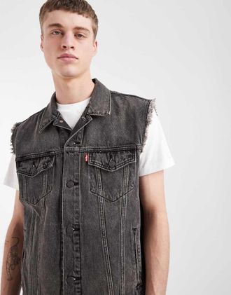 Levi's Veste en jean sans manches coupe camionneur d&eacute;contract&eacute;e - Noir d&eacute;lav&eacute;