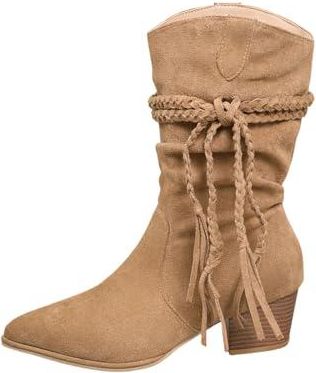 Generic Bottes mi-mollet pour femme - Bottes western d&eacute;contract&eacute;es - Couleur unie - Bout pointu - &Eacute;l&eacute;gant talon &eacute;pais - Sangle &agrave; pompons - Bottes de cowboy &agrave; 