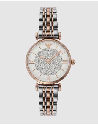 Emporio Armani Montre femme &agrave; deux aiguilles en acier inoxydable ton or rose, argent/rose
