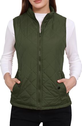 Allegra K Damen Stehkragen Reißverschluss Vorne Gesteppt Gepolsterte Weste- Gr. XL / 48, Grün