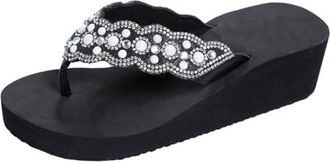 Frcolor Sandales Femme Compens&eacute;es Talon Anti-d&eacute;rapantes avec Perles et Paillettes Confortables et Durables pour Plage et Promenade Noir