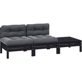 vidaXL Salon de jardin 3 pcs avec coussins Noir Bois de pin massif Vidaxl