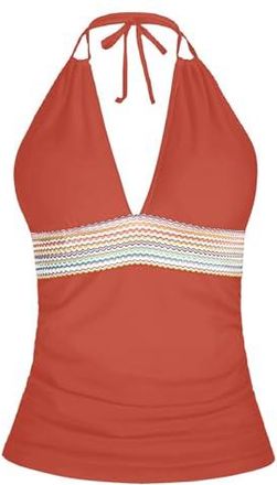 Yonique Haut tankini dos nu sans bas &agrave; col en V pour femme, rouge brique, Taille M