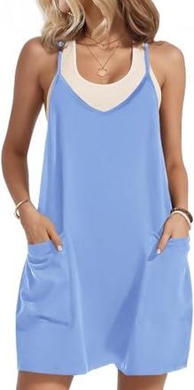 Zeagoo Robe salopette pour femme - Col en V - Bretelles spaghetti - Sans manches - Courte - Couleur unie - Décontractée - Mini robe décontractée - Avec poche