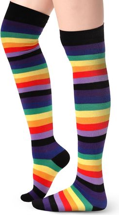 Blulu Damen Hohe Gestreifte Str&uuml;mpfe Socken Weihnachten Streifen Lange &Uuml;berkniestr&uuml;mpfe(Regenbogen Schwarz)
