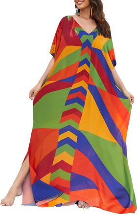 Bsubseach Kaftan Kleider f&uuml;r Frauen Lange Badeanzug Abdeckung Plus Gr&ouml;&szlig;e Caftans Strand Badeanzug Abdeckung Ups Bunte Geometrie