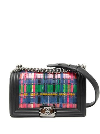 Chanel 2014 mittelgro&szlig;e Boy Flap Umh&auml;ngetasche aus Lammleder und gewebtem PVC - Schwarz