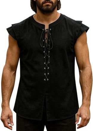 Generic DENGJIAMY Chemises m&eacute;di&eacute;vales pour homme - D&eacute;bardeurs vintage unis - D&eacute;bardeurs d&eacute;t&eacute; d&eacute;contract&eacute;s - T-shirt &agrave; lacets - T-shirt classique basique sans 