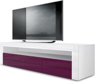 Vladon Lowboard Valencia, Made in Germany, TV-Kommode mit 1 offenem Fach und 2 Klappen, Weiß matt/Brombeer Hochglanz/Weiß Hochglanz (155 x 46 x 40 cm)