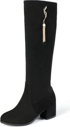 Generic Bottes déquitation à talon bloc pour femme - Bout rond - Fermeture éclair latérale - Chaussures dhiver avec pompons et perles, Noir, 39.5 EU