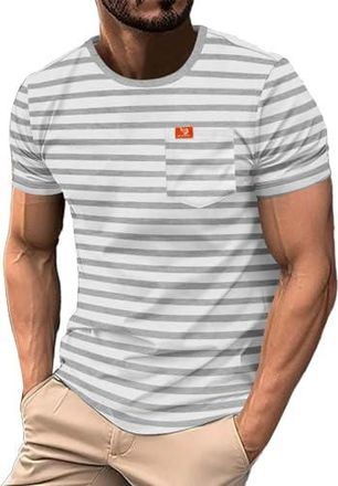 Generic Chemises dété à Rayures pour Hommes, t-Shirts à Manches Courtes avec Poche, t-Shirts Basiques Classiques, Tendance, col Rond, Hauts 2025, Chemises ray