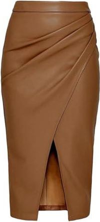 Generic Jupe midi d&eacute;contract&eacute;e en cuir synth&eacute;tique pour femme - Taille haute - Fente sur le devant - Jupe zipp&eacute;e - Tenues de vacances en plein air, marron, S