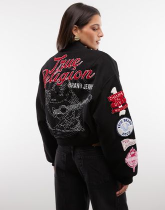 True Religion Varsity-Bomberjacke mit Kapuze, gesticktem Logo, Relaxed Fit, in Schwarz