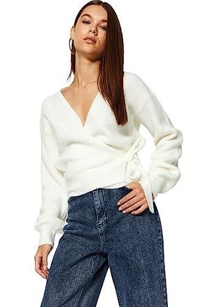 Trendyol Cardigan Droit à Manches Longues pour Femme Sweater, Ecru