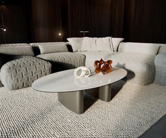 DELIFE Couchtisch Edge Oval 135x80 cm Keramik Onyx Champagne Ovada Effektfinish Titan, Couchtische