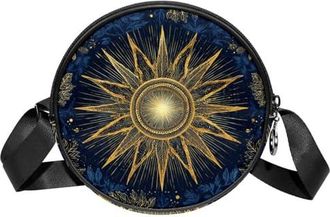 Generic Sac &agrave; bandouli&egrave;re rond pour femme, motif soleil r&eacute;tro, sac &agrave; bandouli&egrave;re avec fermeture &eacute;clair, bretelles r&eacute;glables, sac &agrave; main rond d&eacute;contract&eacute; pour 