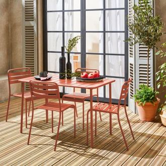 Sweeek Table de jardin m&eacute;tal + 4 assises tomette en acier. Amelia. 120 x 70 x 72.5 cm