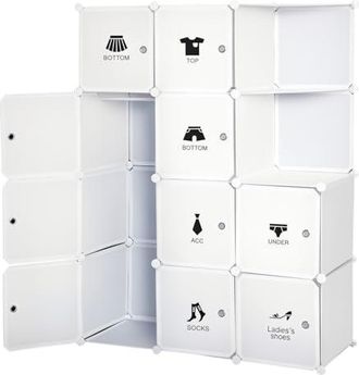 HOMCOM Armoire penderie Modulable Multi-rangements 10 Cubes + 2 &eacute;tag&egrave;res + Autocollants d&eacute;coratifs 111L x 47l x 145H cm en Plastique Blanc