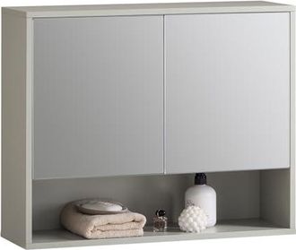 SoBuy Armoire Murale de Salle de Bain avec Miroir, Meuble de Toilette Suspendue Placard de Rangement avec 2 Portes, Compartiment Overt et Étagères Réglables