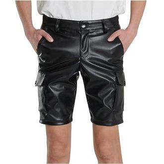 ORANDESIGNE Short en Cuir PU Hommes Style Punk Plusieurs Poches en Cuir Synth&eacute;tique Noir Classique Danse V&ecirc;tements de Sc&egrave;ne Zipp&eacute;e Boxer Shorts Pantalon Court Par