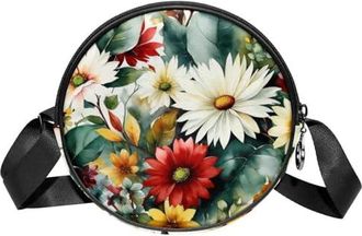 Generic Petit sac &agrave; bandouli&egrave;re circulaire pour femme, motif feuilles florales, sac &agrave; dos avec fermeture &eacute;clair, bretelles r&eacute;glables, sac &agrave; main rond d&eacute;contra