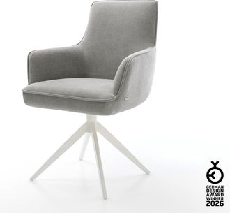 DELIFE Drehstuhl Heira-Flex mit Armlehnen Strukturstoff Soft Grau Kreuzgestell breit Wei&szlig; 360&deg; drehbar Wippfunktion Taschenfederkern, Esszimmerst&uuml;hle
