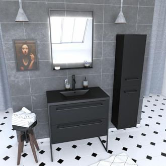 Aurlane Aurlane - meuble salle de bains 80 cm, vasque noire, miroir led et colonne - noir - structura