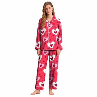 Generic Ensemble de pyjama 2 pi&egrave;ces en satin de soie pour femmes - Haut &agrave; manches longues &agrave; revers boutonn&eacute; avec pantalon long - V&ecirc;tement de d&eacute;tente d&eacute;contrac