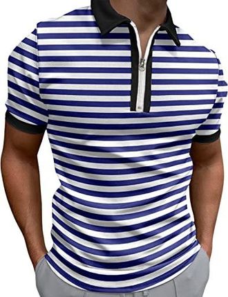 Generic Polo pour homme, coupe ajustée, manches courtes, polo à rayures simples, t-shirt à manches courtes, polo décontracté à fermeture éclair, polo de trava