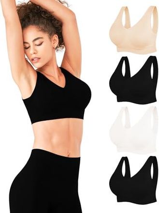 Power Flower Lot de 4 Soutiens-Gorge de Sport pour Femmes Confortables sans Couture avec Coussinets Amovibles Hauts de Soutien-Gorge &agrave; Bretelles Larges S-XXXL (338