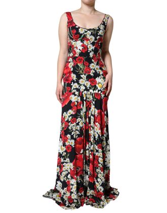 Dolce & Gabbana Womens Floral Silk A-Line Dress Black Elastane