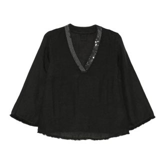 120% Lino V-Ausschnitt Bluse mit Pailletten - - Blouses & Shirts - Damen - Schwarzk - L