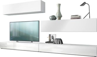 Vladon Wohnwand Nublo, Made in Germany, Anbauwand mit Rückwand mit 2 Klappen und 2 Sockelelementen, Korpus Weiß matt, Fronten Weiß Hochglanz und Weiß matt (2