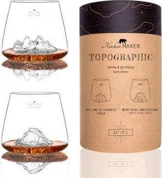 Alaskan Maker Verres &agrave; Whisky 350ml (lot de 2) - Borosilicate de qualit&eacute; sup&eacute;rieure, souffl&eacute;s artisanalement avec les montagnes en relief | Forme Tulipe | Spiritueu