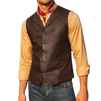 Generic Gilet &agrave; col &agrave; revers en cuir synth&eacute;tique pour homme - Simple boutonnage - L&eacute;ger - Tendance et uni - Veste de moto l&eacute;g&egrave;re sans manches, caf&eacute;, XXL
