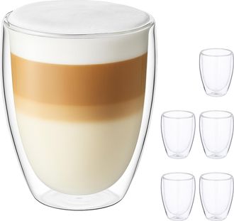 Relaxdays Latte Macchiato Gläser, 6er Set, doppelwandiges Glas, 350 ml, spülmaschinenfest, Kaffeegläser, transparent