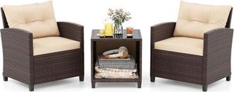 Giantex Salon de Jardin Ext&eacute;rieur en Rotin 3 Pi&egrave;ces pour 2 Personnes, 2 Fauteuils avec Coussins Amovible, 1 Table Basse, Plateau en Verre Tremp&eacute;, Ensemble de 