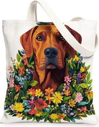 Generic Sac fourre-tout en toile motif chien Rhodesian Ridgeback printanier, 33 x 38,1 cm, sac d&eacute;picerie r&eacute;utilisable avec motif imprim&eacute; de plantes, fleurs et