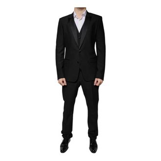 Dolce & Gabbana Homme, Costumes, Noir, Taille: L Costume noir en laine Slim Fit 3 pi&egrave;ces