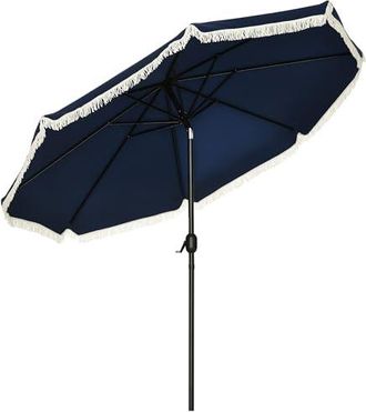 OUTSUNNY Parasol de jardin Parasol droit inclinable rond Ø 268 cm avec franges tissu polyester haute densité anti-UV mât démontable 8 baleines, bleu