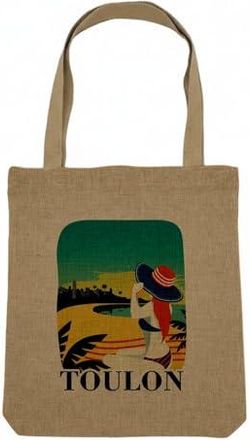 Fabulous Sac Shopping Tote Bag Aspect Lin - Toulon Plage Soleil Ville France Et&eacute; - Sac de Courses Toile Epaisse 360g Beige Naturel Cabas Port&eacute; Epaule Solide Im