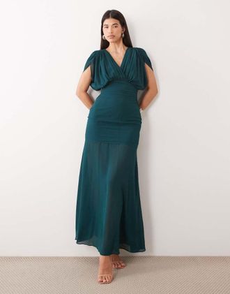 Tfnc robe longue en mousseline &agrave; d&eacute;collet&eacute; plongeant, taille fronc&eacute;e, ourlet asym&eacute;trique, bleu sarcelle fonc&eacute;-Vert