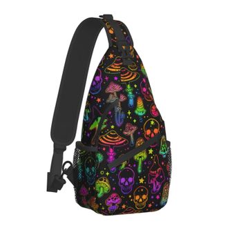 AOOEDM Sling-Rucksack für Damen und Herren, Reisen, Wandern, Tagesrucksack, psychedelisches Muster aus hellem Pilz und Totenkopf, Crossbody-Umhängetasche, lä