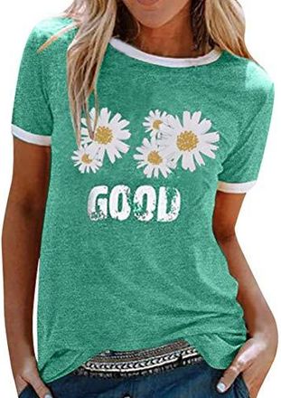 Onsoyours Tops Femme Chic T-Shirt Col Rond Décontracté À Manches Courtes Ample Imprimé Lettre Tunique Ete Pas Cher Blouse Grande Taille Tee Shirt F Vert 46